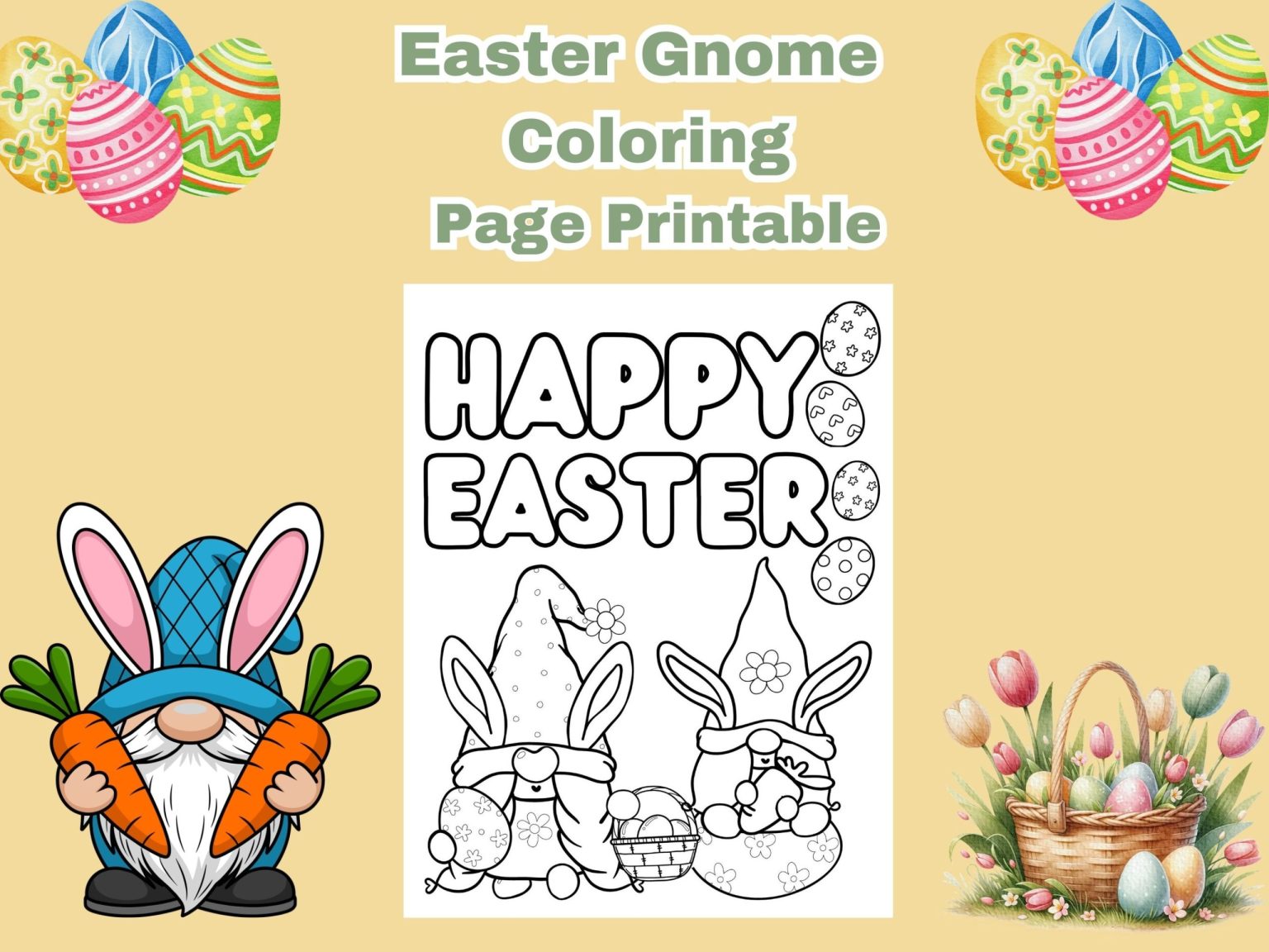 Free Easter Gnome Coloring Page Printable - Our WabiSabi Life