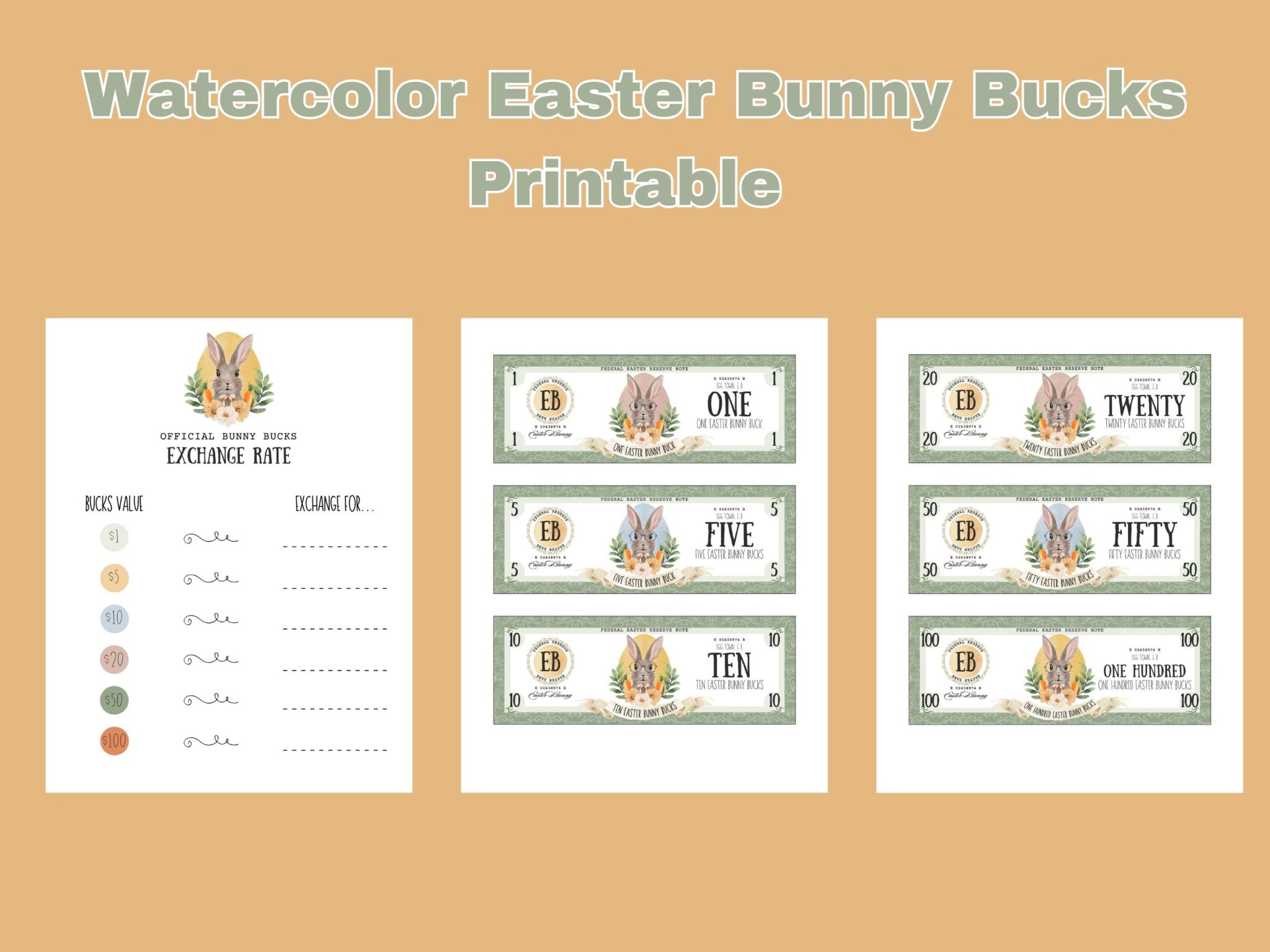 Free Watercolor Easter Bunny Bucks Printable - Our WabiSabi Life