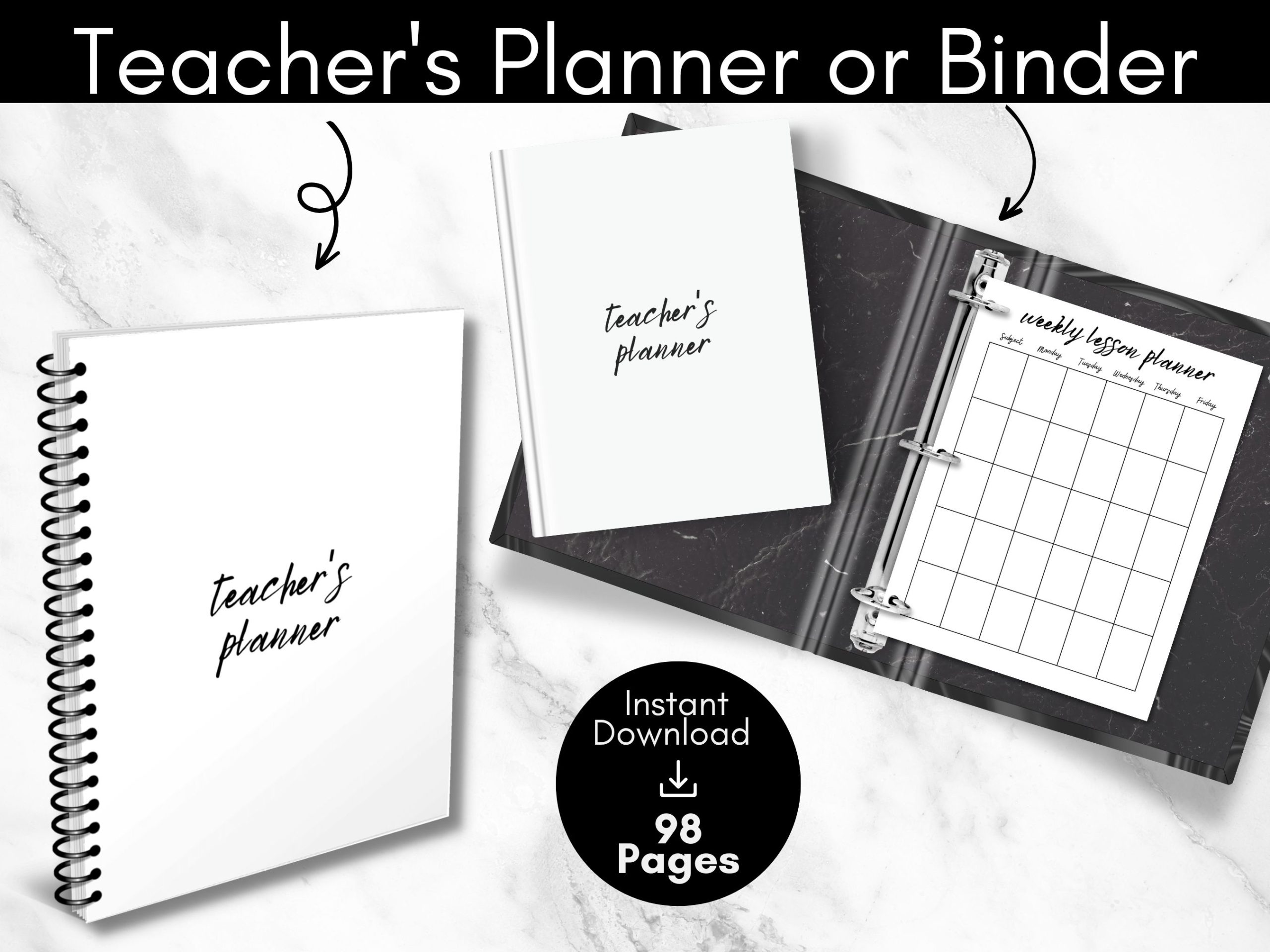 Free Plain Black And White Teacher Planner Journal Printable - Our ...